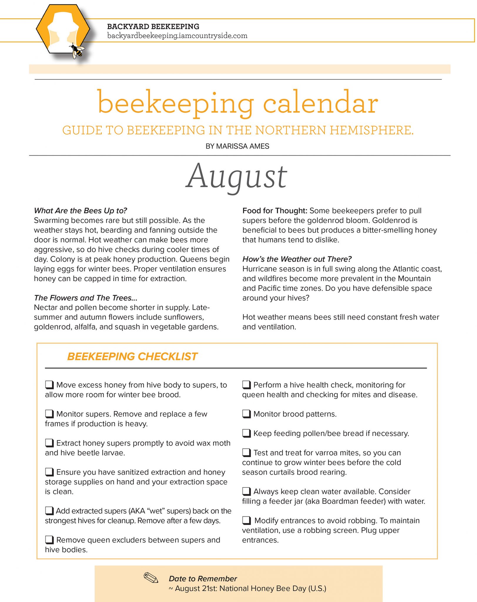 Beekeeping Calendar August/September - Backyard Beekeeping